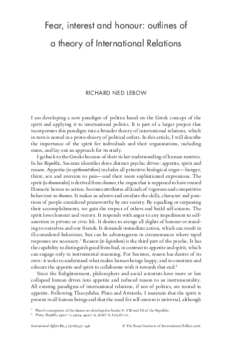 (PDF) Fear, interest and honour: outlines of a theory of International ...