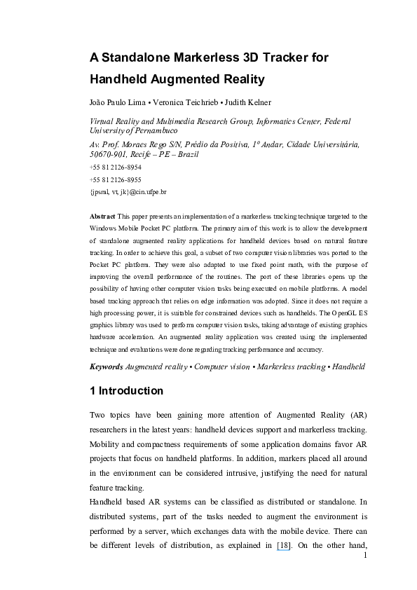 (PDF) A Standalone Markerless 3D Tracker for Handheld Augmented Reality