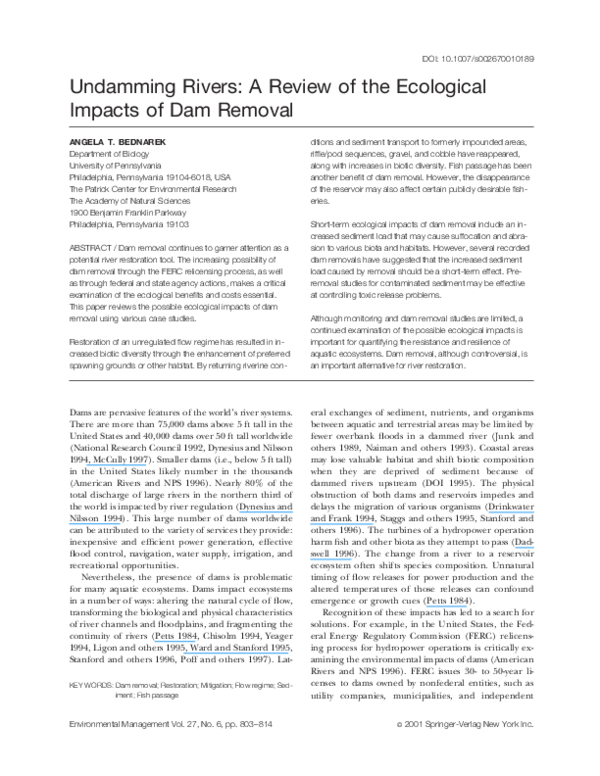 (PDF) Undamming Rivers: A Review of the Ecological Impacts of Dam Removal