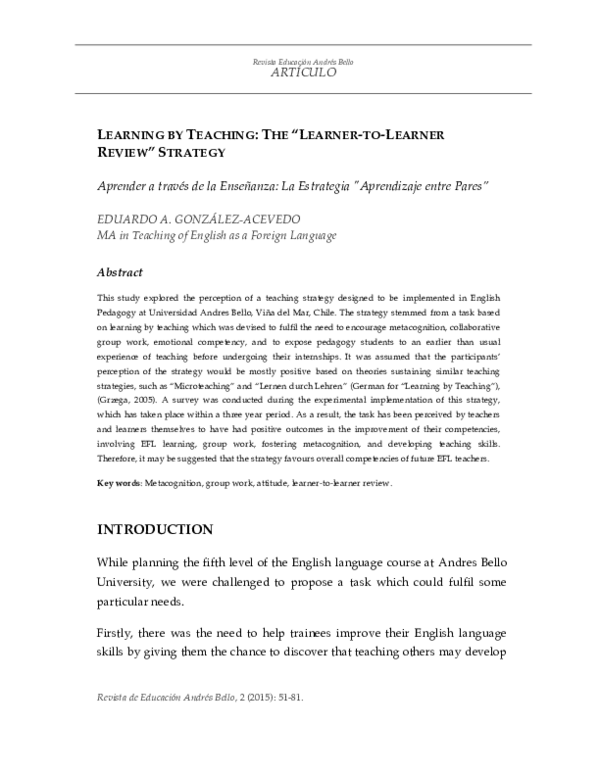 (PDF) LEARNING BY TEACHING: THE " LEARNER-TO-LEARNER REVIEW " STRATEGY