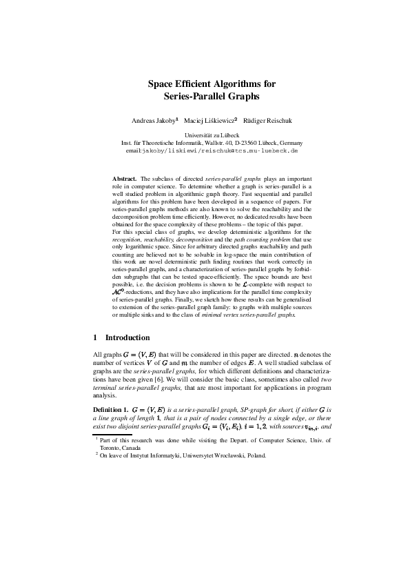 Pdf Space Efficient Algorithms For Series Parallel Graphs Rüdiger Reischuk And Maciej