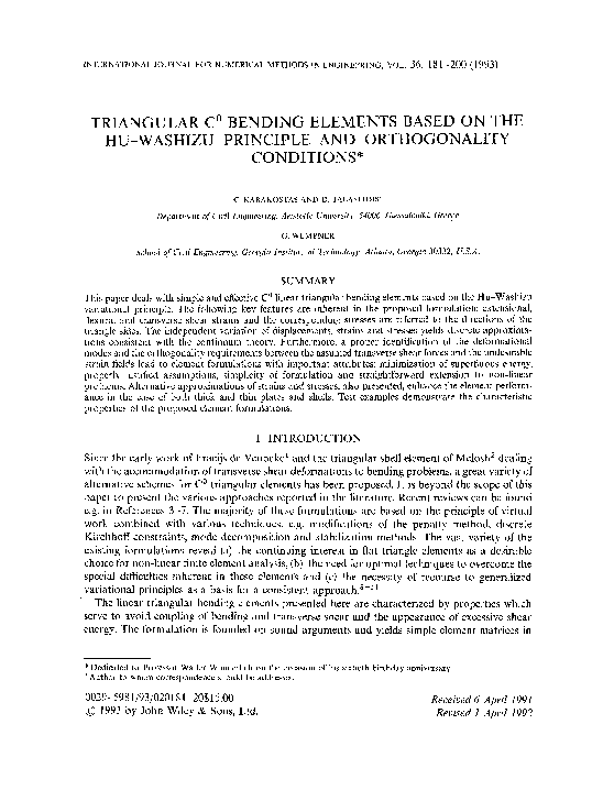 (PDF) Triangular C0 bending elements based on the Hu-Washizu principle and orthogonality conditions