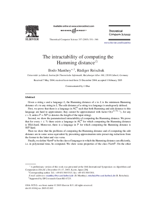 Pdf The Intractability Of Computing The Hamming Distance