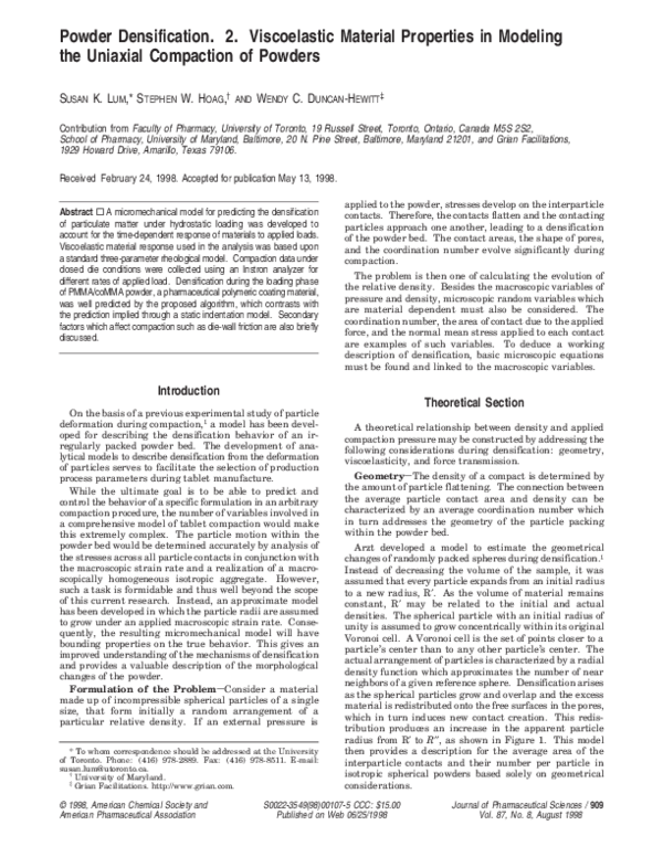 (PDF) Powder densification. 2. Viscoelastic material properties in modeling the uniaxial ...