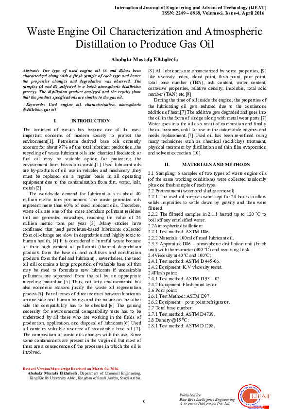 (PDF) Waste Engine Oil Characterization and Atmospheric Distillation to ...