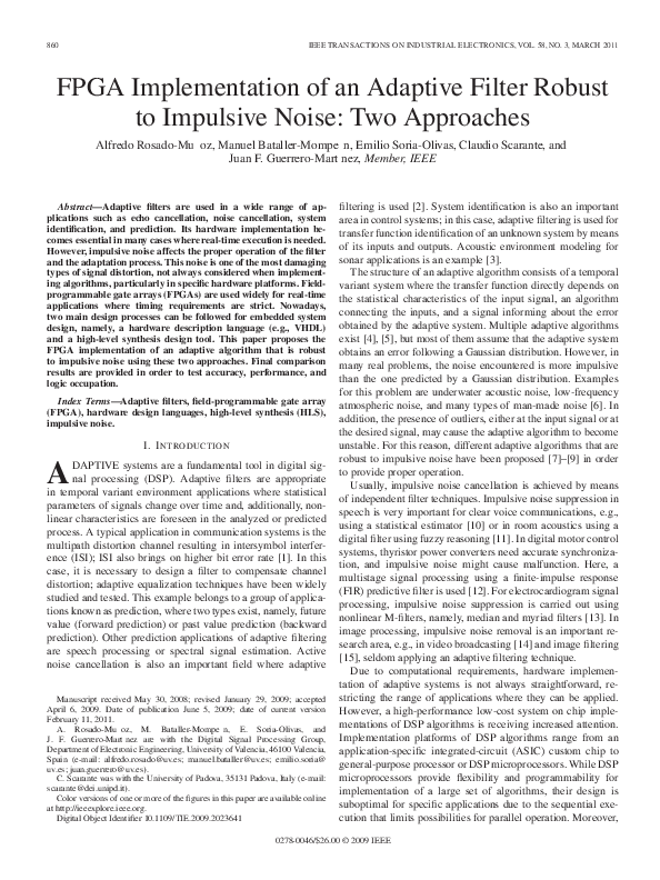 Pdf Fpga Implementation Of An Adaptive Filter Robust To Impulsive