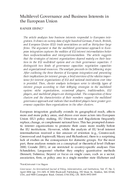 (PDF) Multilevel Governance and Business Interests in the European Union