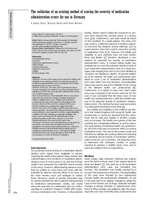 Pdf The Validation Of An Existing Method Of Scoring The Severity Of Medication Administration