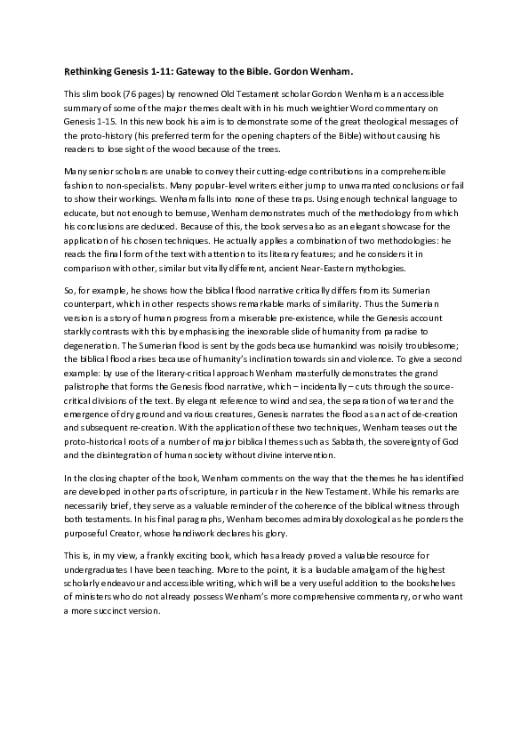 (PDF) Review: Rethinking Genesis 1-11: Gateway to the Bible (Gordon Wenham)