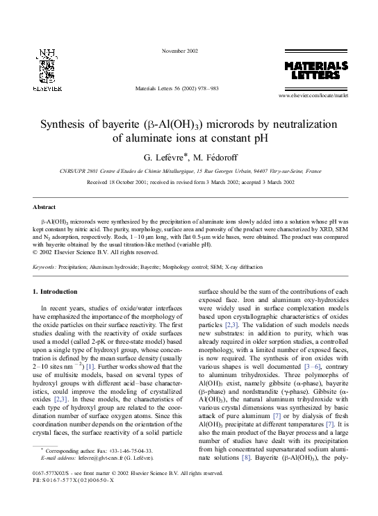 (PDF) Synthesis of bayerite (β-Al(OH) 3) microrods by neutralization of ...