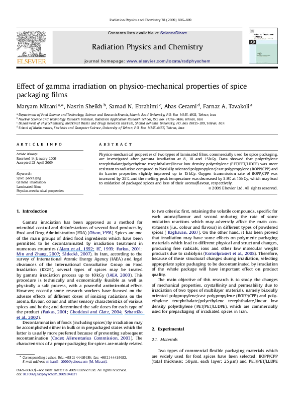 (PDF) Effect of gamma irradiation on physico-mechanical properties of spice packaging films