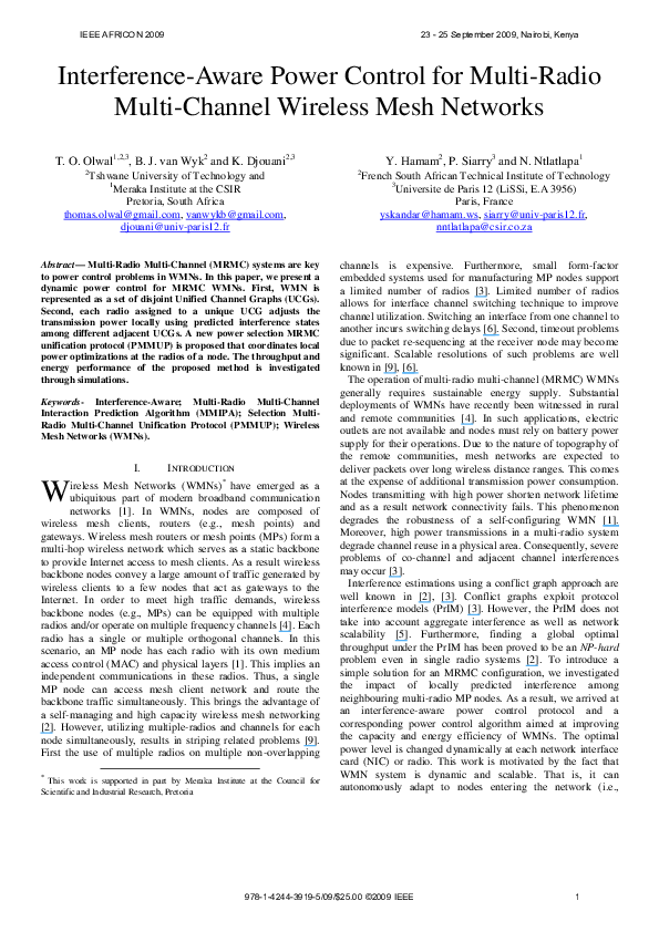 (PDF) Interference-aware power control for Multi-Radio MultiChannel wireless mesh networks