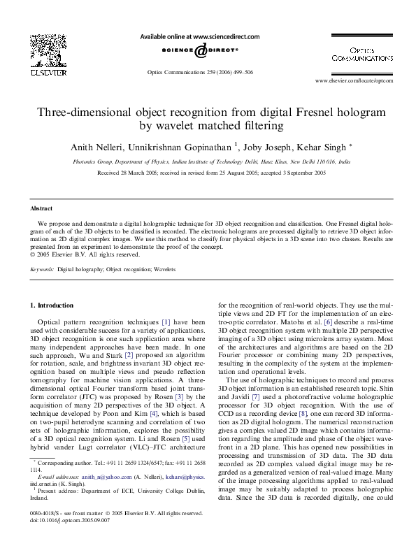 Pdf Three Dimensional Object Recognition From Digital Fresnel
