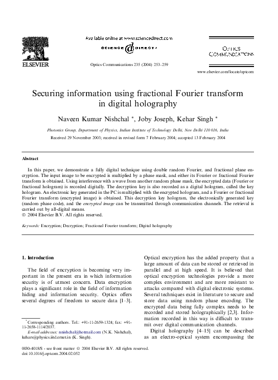 Pdf Securing Information Using Fractional Fourier Transform In Digital Holography