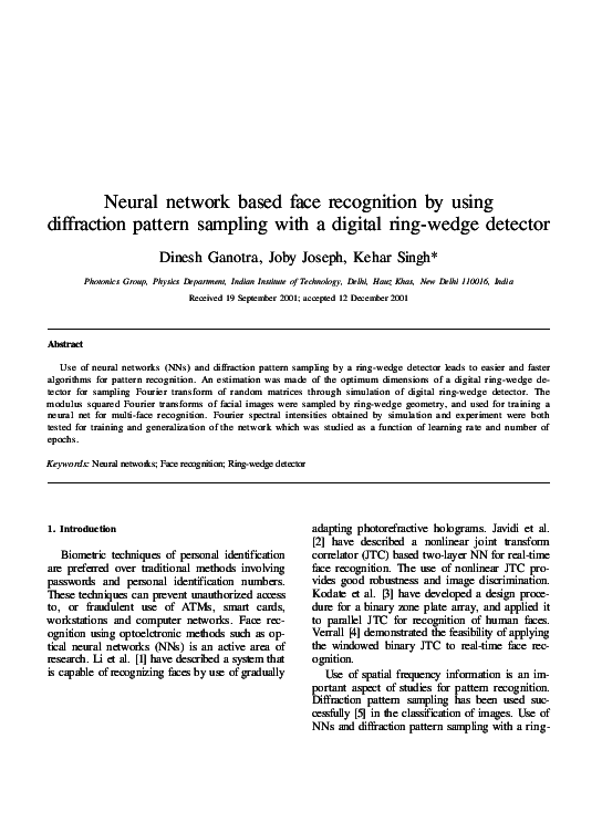 (PDF) Neural network based face recognition by using diffraction pattern sampling with a digital ...