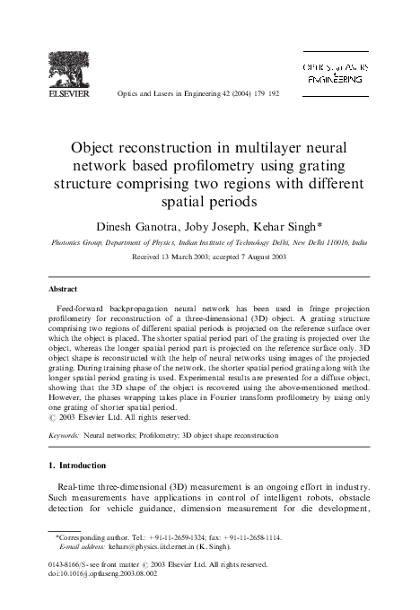 Pdf Object Reconstruction In Multilayer Neural Network Based Profilometry Using Grating