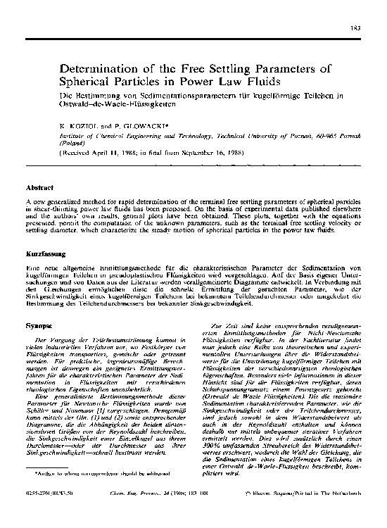 (PDF) Determination of the free settling parameters of spherical particles in power law fluids