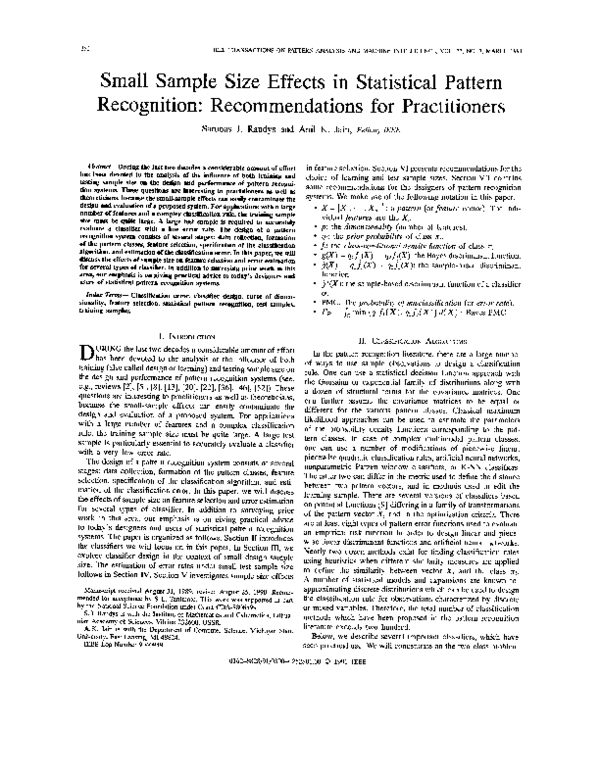 Pdf Small Sample Size Effects In Statistical Pattern Recognition Recommendations For
