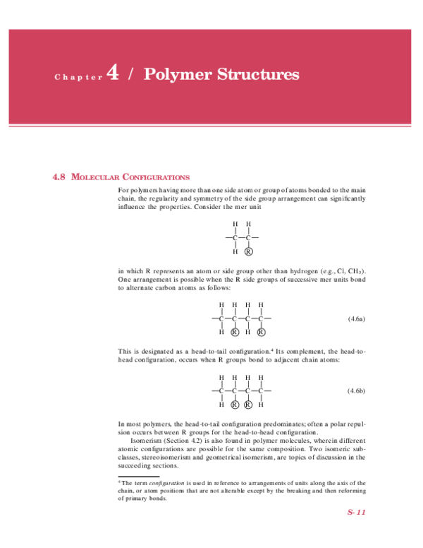 (PDF) C h a p t e r 4 / Polymer Structures 4.8 MOLECULAR CONFIGURATIONS