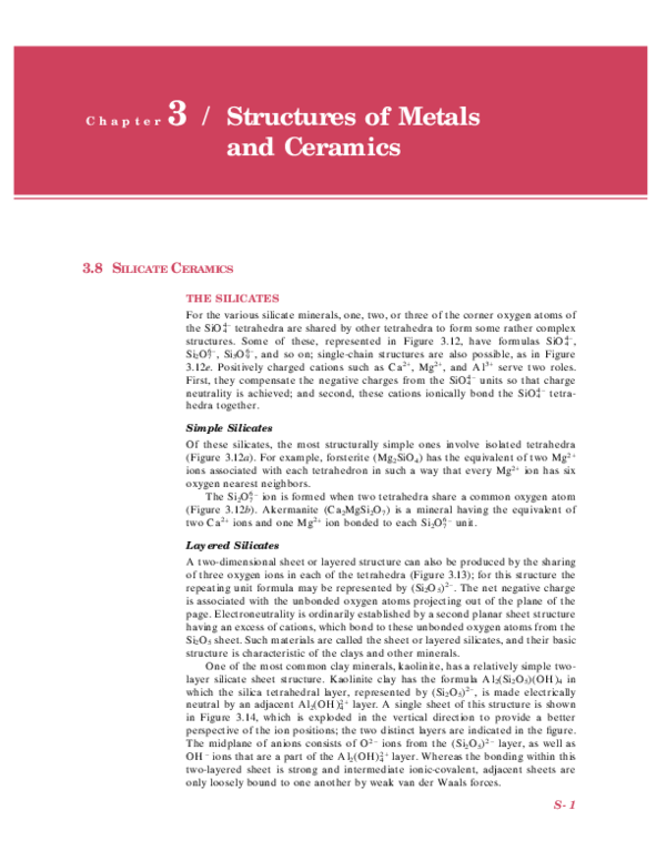 (PDF) C h a p t e r 3 / Structures of Metals and Ceramics 3.8 SILICATE ...