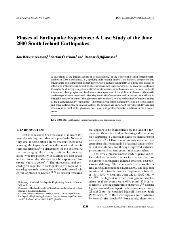 (PDF) Phases of Earthquake Experience: A Case Study of the June 2000 ...