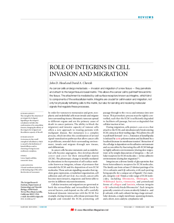 (PDF) Role of integrins in cell invasion and migration