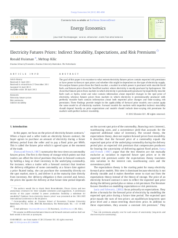 (PDF) Electricity Futures Prices: Indirect Storability, Expectations ...