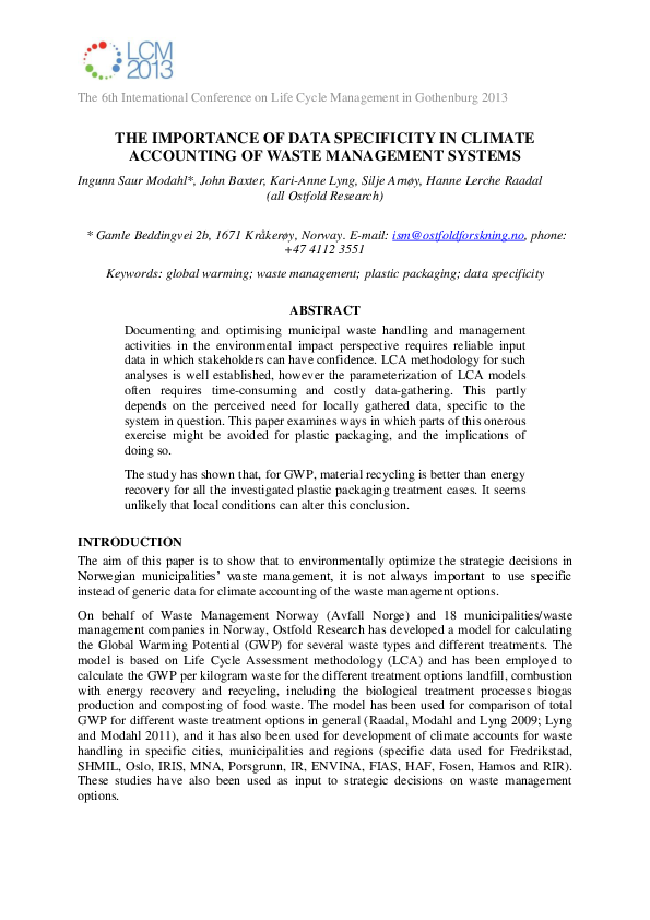 (PDF) The Importance of Data Specificity in Climate Accounting of Waste ...