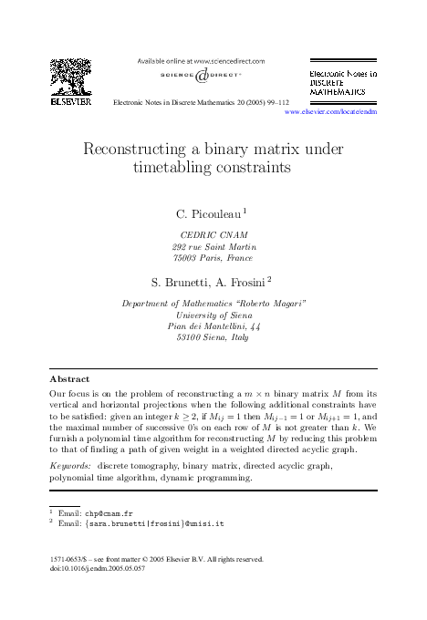 Pdf Reconstruction Of Binary Matrices Under Adjacency Constraints