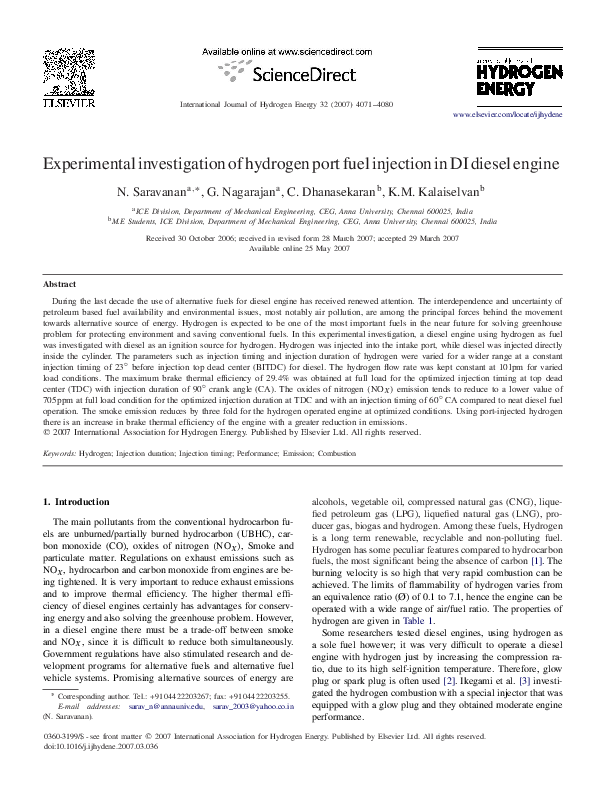 (PDF) Experimental investigation of hydrogen port fuel injection in DI diesel engine