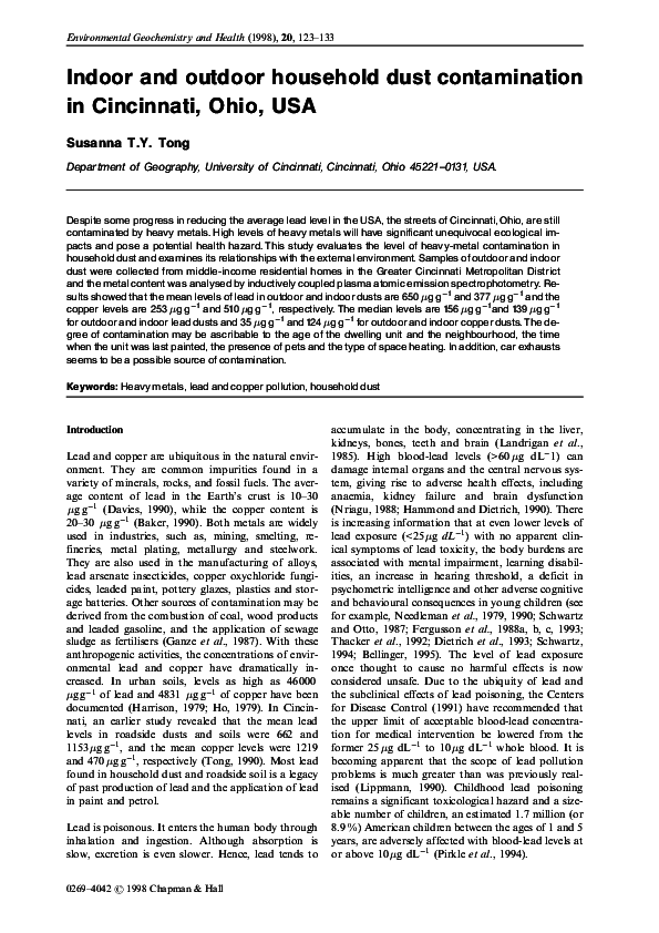 (PDF) Indoor and outdoor household dust contamination in Cincinnati ...