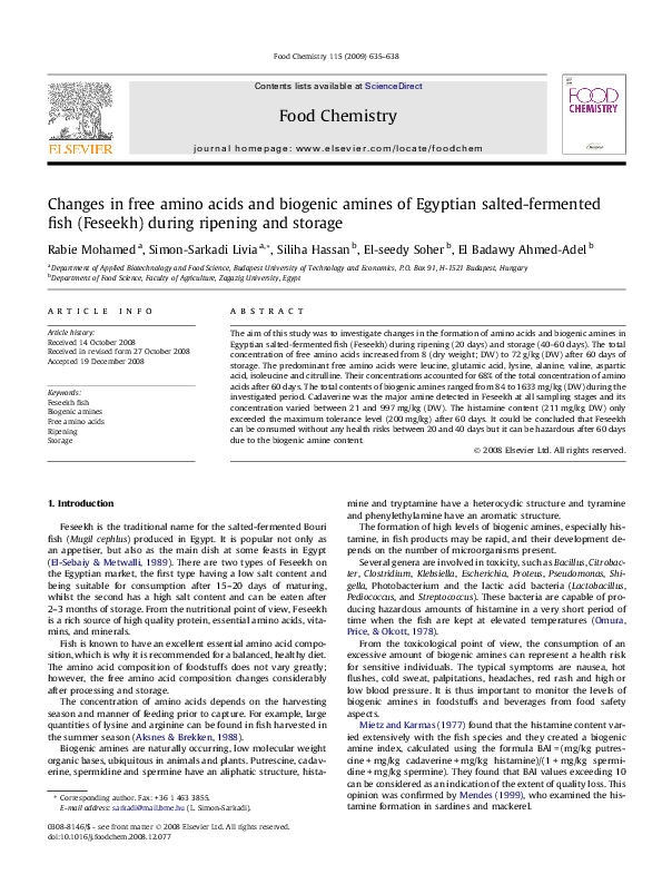 (PDF) Changes in free amino acids and biogenic amines of Egyptian ...