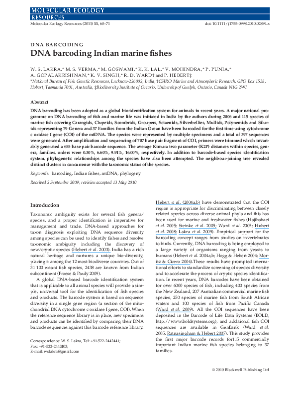 (PDF) DNA barcoding Indian marine fishes: DNA BARCODING