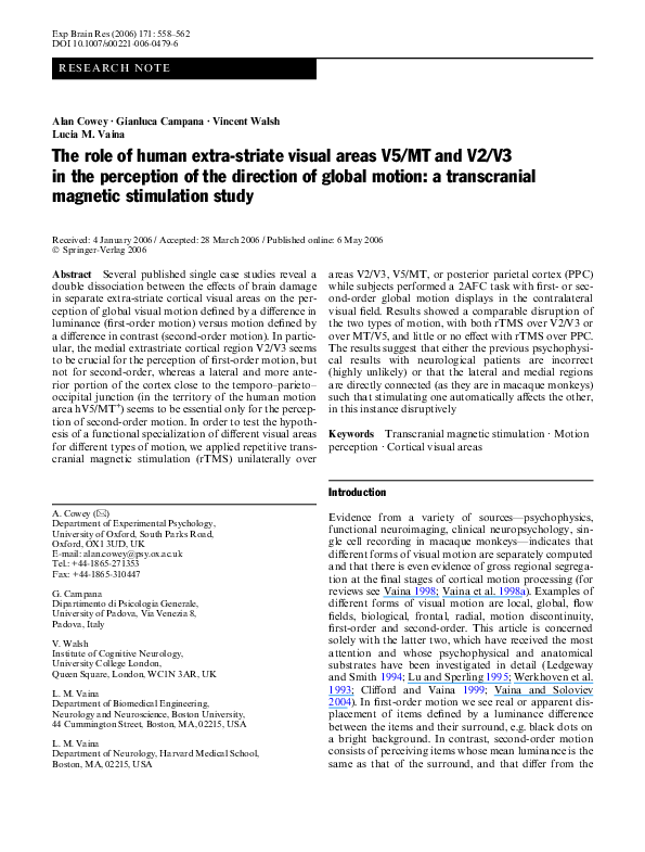 (PDF) The role of human extra-striate visual areas V5/MT and V2/V3 in ...