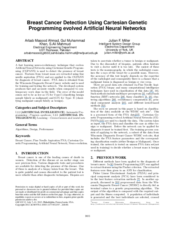 Pdf Breast Cancer Detection Using Cartesian Genetic Programming Evolved Artificial Neural Networks