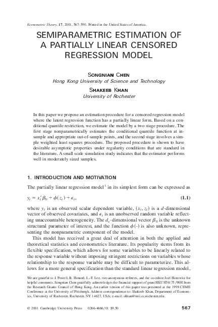 Pdf Semiparametric Estimation Of A Partially Linear Censored Regression Model Shakeeb Khan