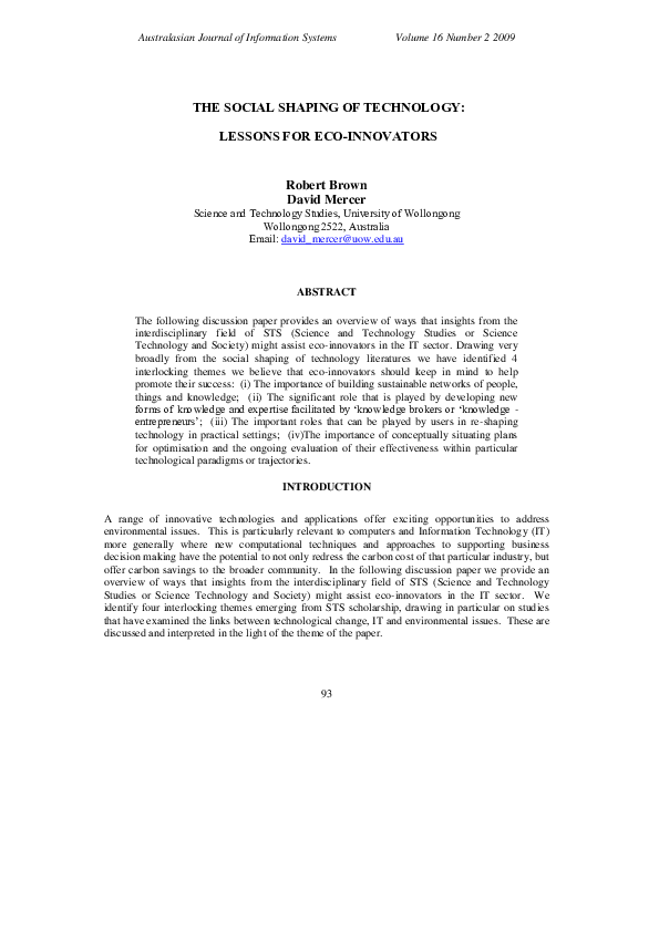 (PDF) The Social Shaping of Technology: Lessons for Eco-Innovators