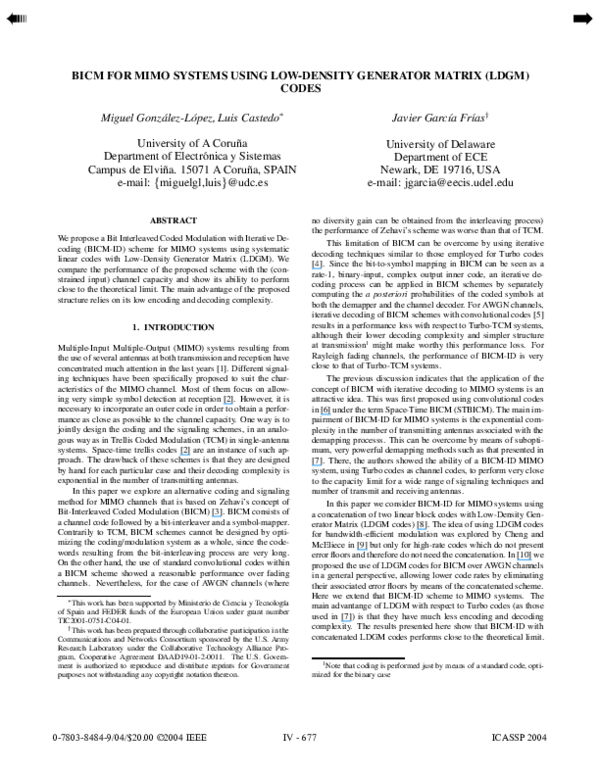 Pdf Bicm For Mimo Systems Using Low Density Generator Matrix Ldgm Codes