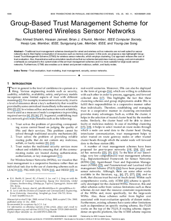 Pdf Group Based Trust Management Scheme For Clustered Wireless Sensor Networks Hassan Jameel