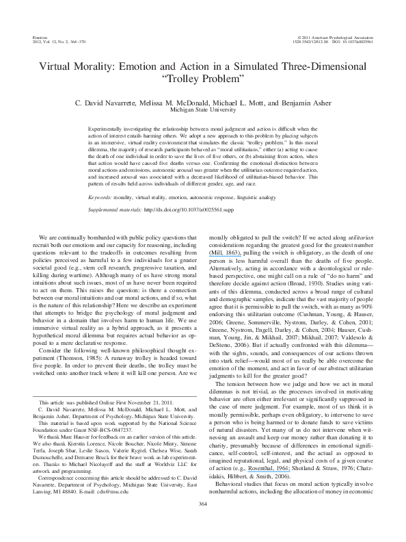 (PDF) Virtual Morality: Emotion and Action in a Simulated Three ...