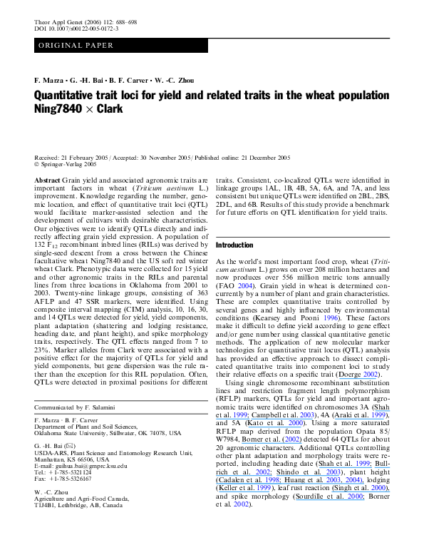 Pdf Quantitative Trait Loci For Yield And Related Traits In The Wheat