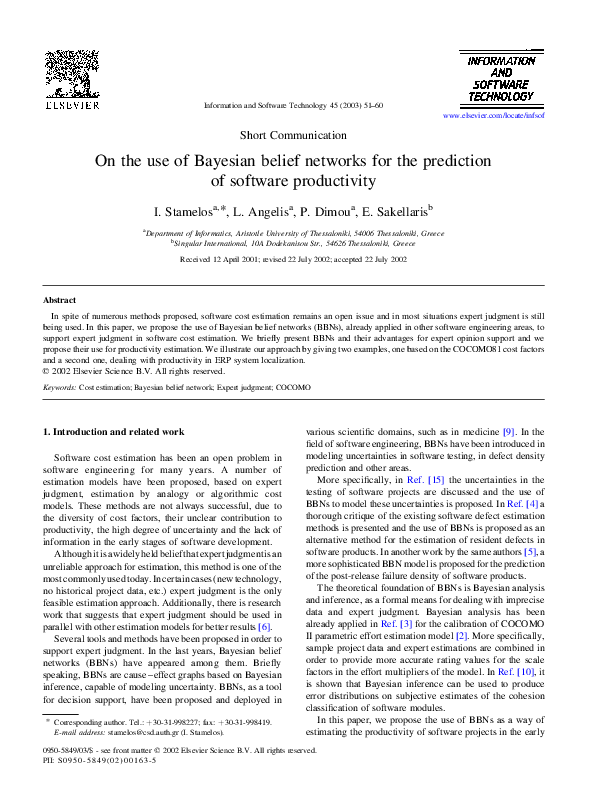 (PDF) On the use of Bayesian belief networks for the prediction of software productivity