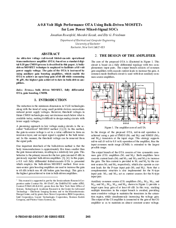Pdf A 08 Volt High Performance Ota Using Bulk Driven Mosfets For Low