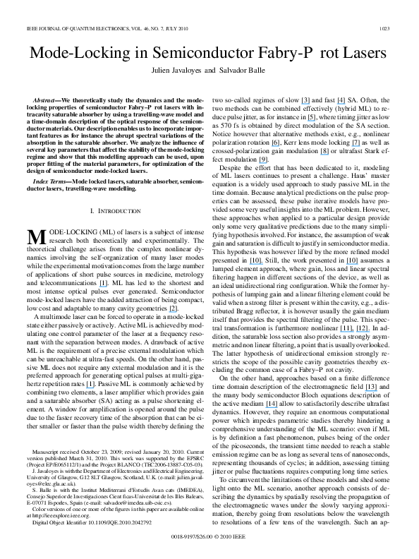 (PDF) Mode-Locking in Semiconductor Fabry-Pérot Lasers