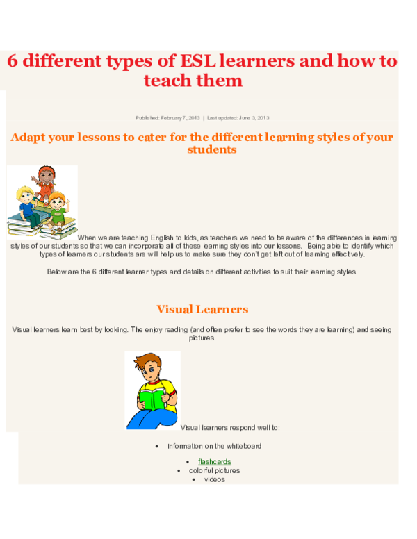 (DOC) 6 different types of ESL learners and how to teach them Adapt ...