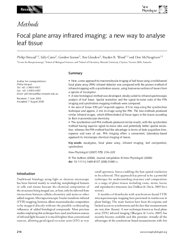 (PDF) Focal plane array infrared imaging: a new way to analyse leaf tissue