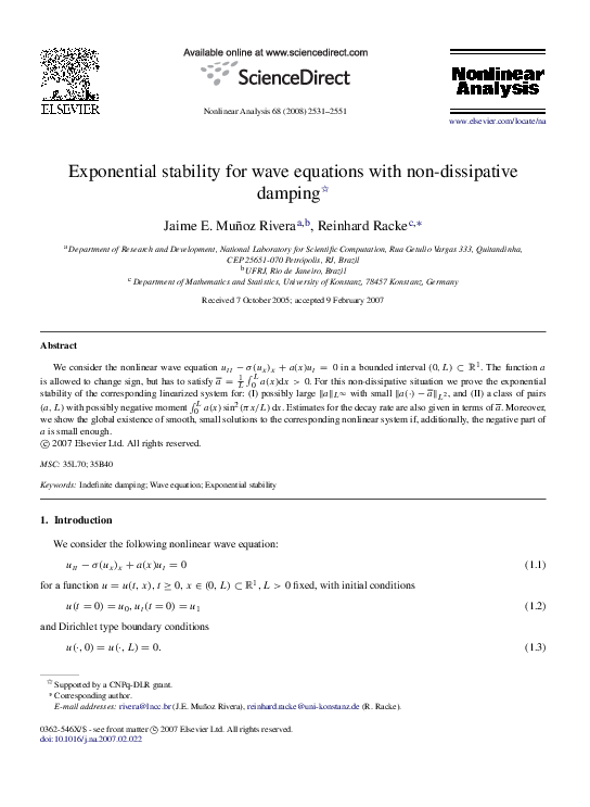 (PDF) Exponential stability for wave equations with non-dissipative damping