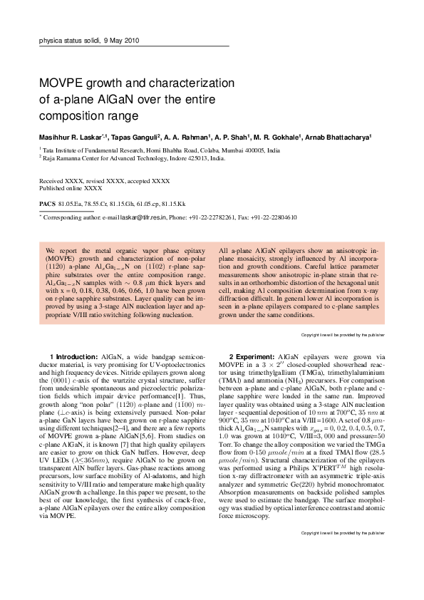 (PDF) MOVPE growth and characterization of a -plane AlGaN over the entire composition range