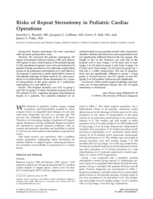 (PDF) Risks of repeat sternotomy in pediatric cardiac operations