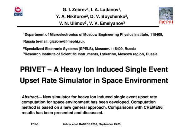 (PDF) PRIVET-A Heavy Ion Induced Single Event Upset Rate Simulator in Space Environment